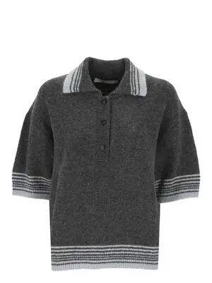 TELA Striped Trim Polo Top - Grey
