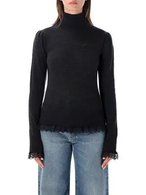 GANNI Lace-trim Fine Knit Turtleneck Sweater - Phantom Black