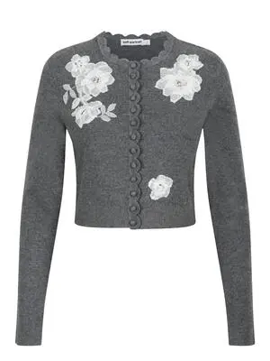 SELF-PORTRAIT Appliqué Floral Button-front Cropped Cardigan - Grey