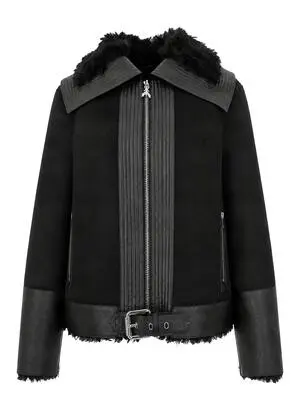 Patrizia Pepe Belted Shearling-trim Zip Jacket - Nero