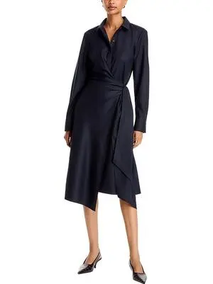 Lafayette 148 New York Wool Long Sleeve Wrap Midi Dress - Ink