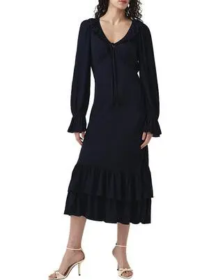 GHOST LONDON Melina Crepe Midi Dress With Ruffle Hem - Navy