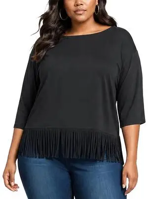 Karen Kane Three-quarter Sleeve Boat Neck Top With Fringe Trim - Black