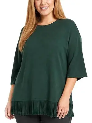 Karen Kane Three-quarter Sleeve Boat Neck Top With Fringe Trim - Spruce