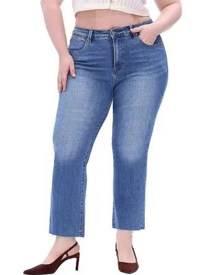 BAYEAS Plus Mid Rise Straight Leg Raw Hem Denim Jeans - Medium Blue