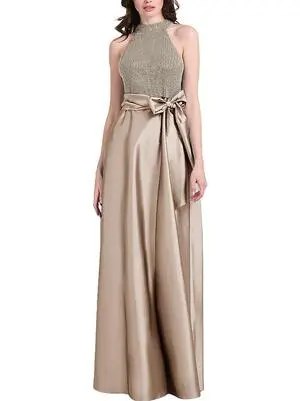EMILY SHALANT Metallic Halter Neck Gown - Silver