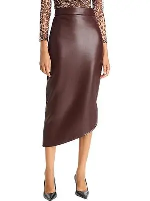 AREA STARS Bailey Faux Leather Asymmetric Hem Midi Skirt - Brown