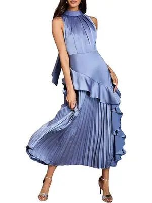 Coast Satin Crepe Pleated Maxi Dress With Ruffled Detailing - Blue