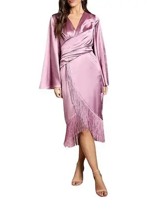 Coast V-neck Fringe Wrap Midi Dress - Rose
