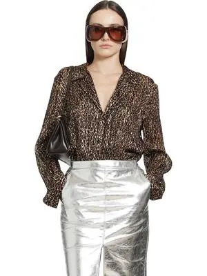 Saint Laurent Leopard Print Silk Georgette Pajama Blouse - Brown