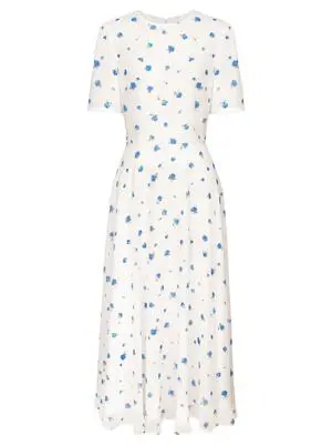 POST MERIDIEM Printed Short Sleeve Floral Midi Dress - Blue