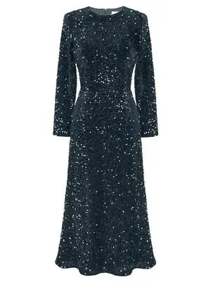 POST MERIDIEM Sequin Embellished Long Sleeve Midi Dress - Blue