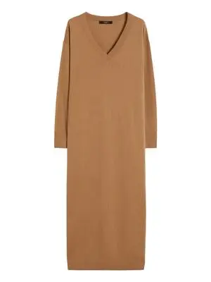 Max Mara Long Sleeve V-neck Dress With Rib Trim - Camel