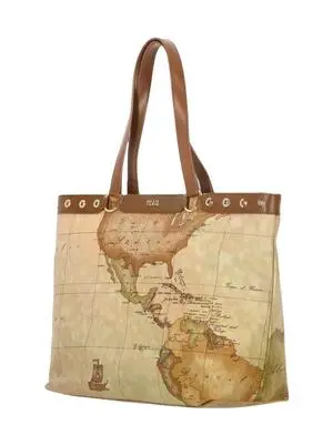 ALVIERO MARTINI 1° CLASSE Geo Classic Map Print Leather Trim Tote Bag - Neutrals