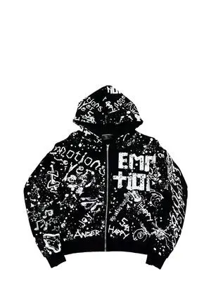 Mixed Emotion Graffiti Print Zip-up Hoodie - Black