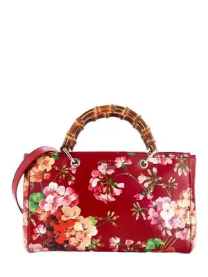 Gucci Bamboo Shopper Blooms Print Leather Medium Tote Bag - Red
