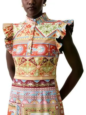 NEVER FULLY DRESSED Graphic Print Ruffled Midi Dress - Orange
