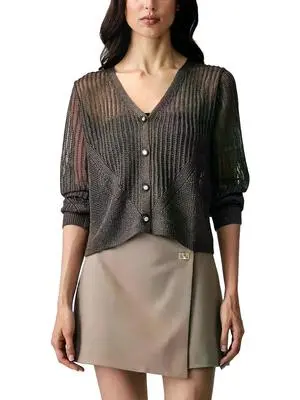MORGAN Open-knit V-neck Cardigan With Metallic Finish - Brown