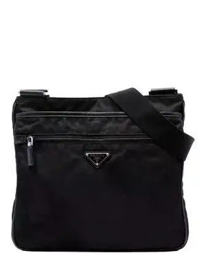 Prada Saffiano Leather Trimmed Tessuto Zip Top Crossbody Bag - Black