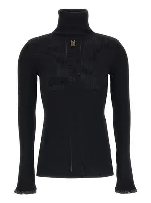 Elisabetta Franchi Ribbed Dolcevita Sweater With Lace Trim - Black