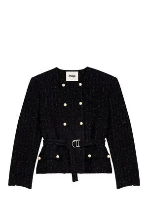 Maje Belted Waist Double-breasted Woven Jacket - Black