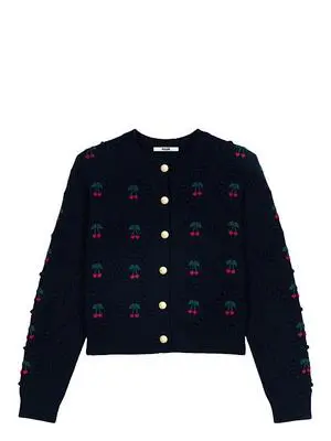 Maje Cherry Embroidered Bobble-knit Wool Cardigan - Navy