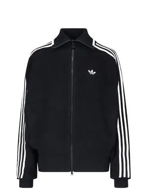Adidas Zip-up Knit Track Jacket With Contrast Stripes - Black