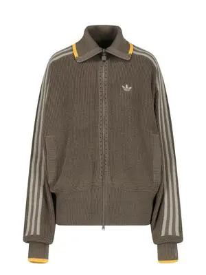 Adidas Zip-up Knit Track Jacket With Contrast Stripes - Brown