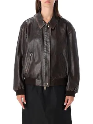 Prada Lambskin Leather Bomber Jacket - Marrone