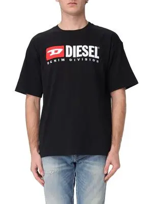DIESEL® Crew Neck Cotton T-shirt With Contrast Logo And Dropped Shoulders - Black
