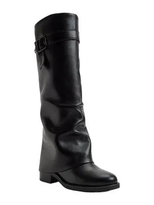 Aldo Knee High Faux Leather Boots With Buckle Detail - Black
