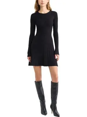 OPEN EDIT Ribbed Crewneck Long Sleeve Minidress - Black