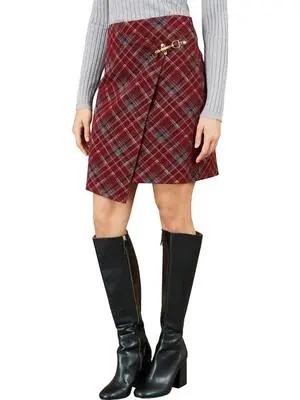 YUMI Yumi Check Wrap Mini Skirt With Gold-Tone Clasp Burgundy
