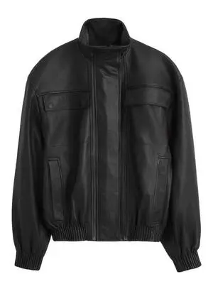 Cos Leather Mock-neck Bomber Jacket With Ribbed Trims - Black