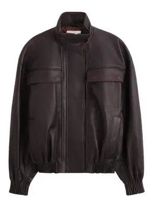 Cos Leather Mock-neck Bomber Jacket With Ribbed Trims - Brown