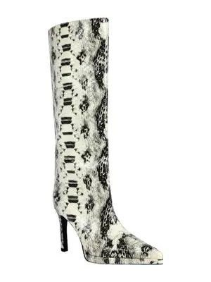 AZALEA WANG Barely Faux Snakeskin Knee High Stiletto Boots - White Black