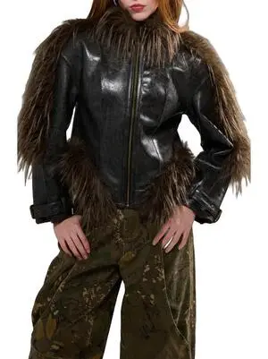 AZALEA WANG Faux Fur Trim Faux Leather Moto Jacket - Espresso