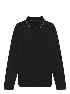 BOSS Interlock Cotton Polo Shirt With Striped Collar - Black