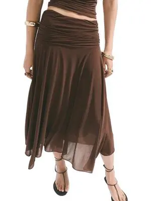 Mango Asymmetric Chiffon Midi Skirt - Brown