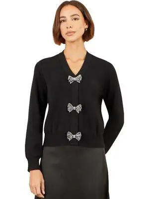 YUMI Embellished Bow Cardigan - Black