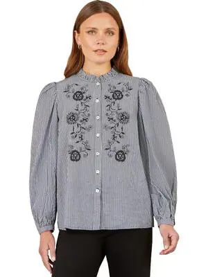 YUMI Cotton Gingham Embroidered Shirt - Black