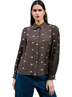 YUMI Viscose Daisy Embroidered Shirt - Brown