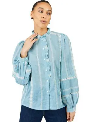 YUMI Cotton Embroidered Shirt With Lace Inserts And Frill Trims - Blue
