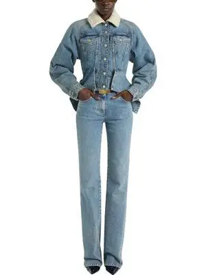 Balmain Faded Denim Peplum Jacket With Shearling Collar - Blue
