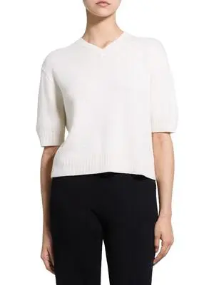 Theory Cropped Cashmere V-neck Sweater - Ivory