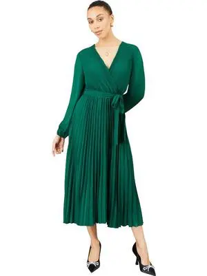 YUMI Pleated Wrap Midi Dress - Green