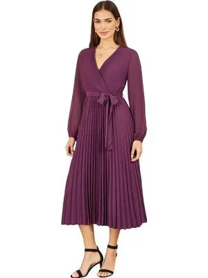 YUMI Pleated Wrap Midi Dress - Purple