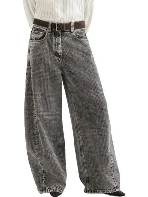 Brunello Cucinelli Prince Of Wales Denim Wide Trousers With Monili - Dark Grey