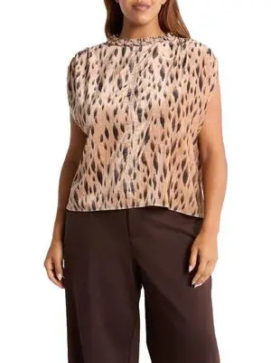 Wit & Wisdom Smocked Ruffle Neck Top With Abstract Print - Caramel Latte/charcoal Multi