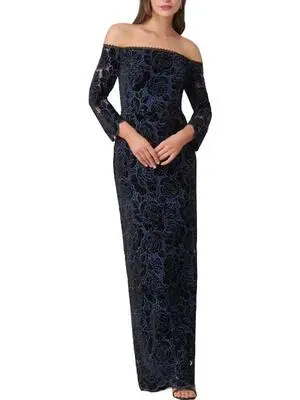 Shoshanna Monroe Velvet Lace Off-the-shoulder Gown - Jet/navy